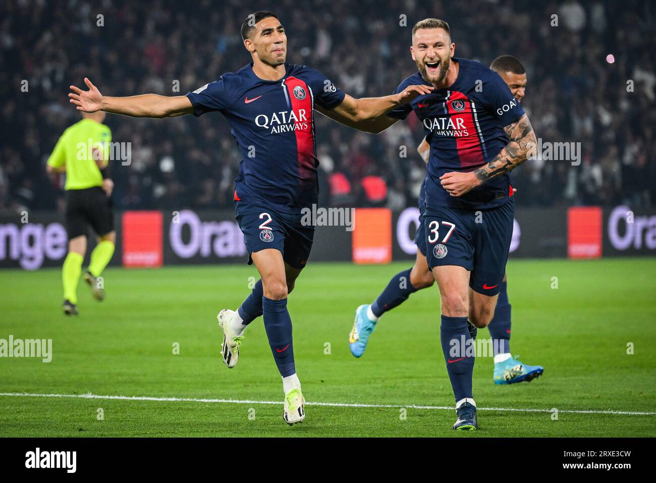 Paris, France, France. 24th Sep, 2023. ACHRAF HAKIMI of PSG celebrate his goal with MILAN ...