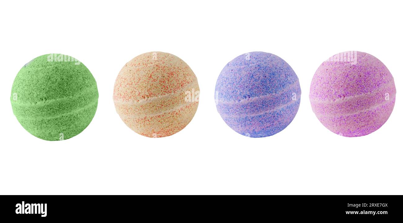 Variety of colourful aromatic bath bombs isolated on white background ...