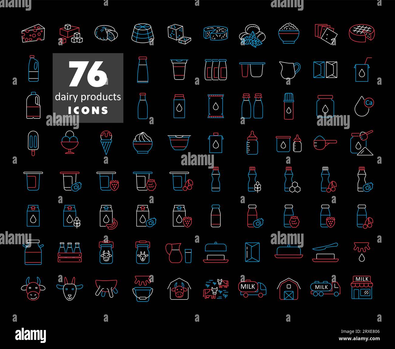 Milk, dairy products vector on black background icon set. Graph symbol ...