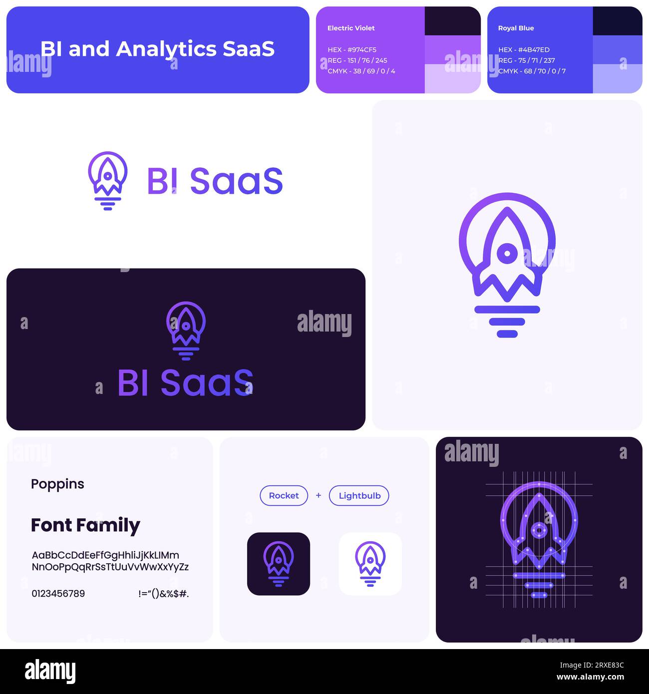2D BI and analytics SaaS template rocket and lightbulb logo Stock ...