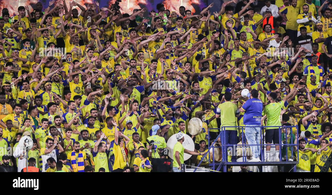 Fans of Al-Nassr SFC cheer during their Match Day 7 of the SAFF Roshn ...