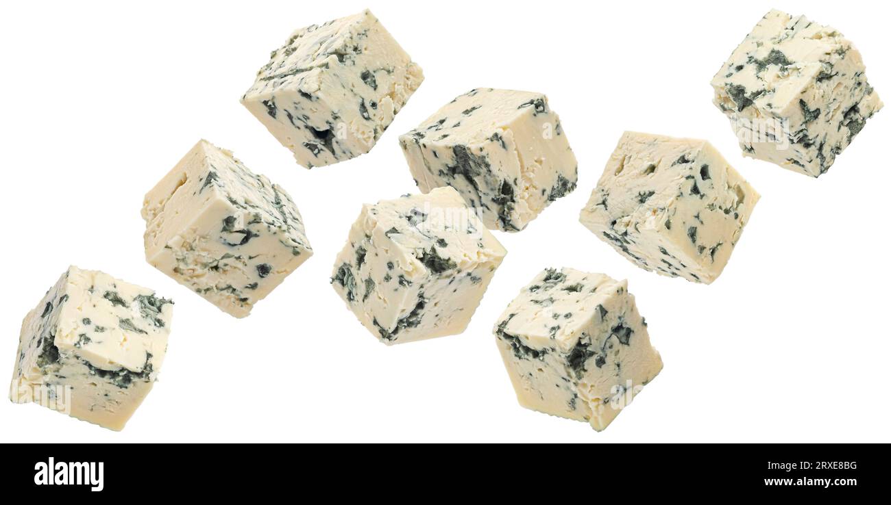 Falling blue cheese cubes isolated on white background, full depth of ...