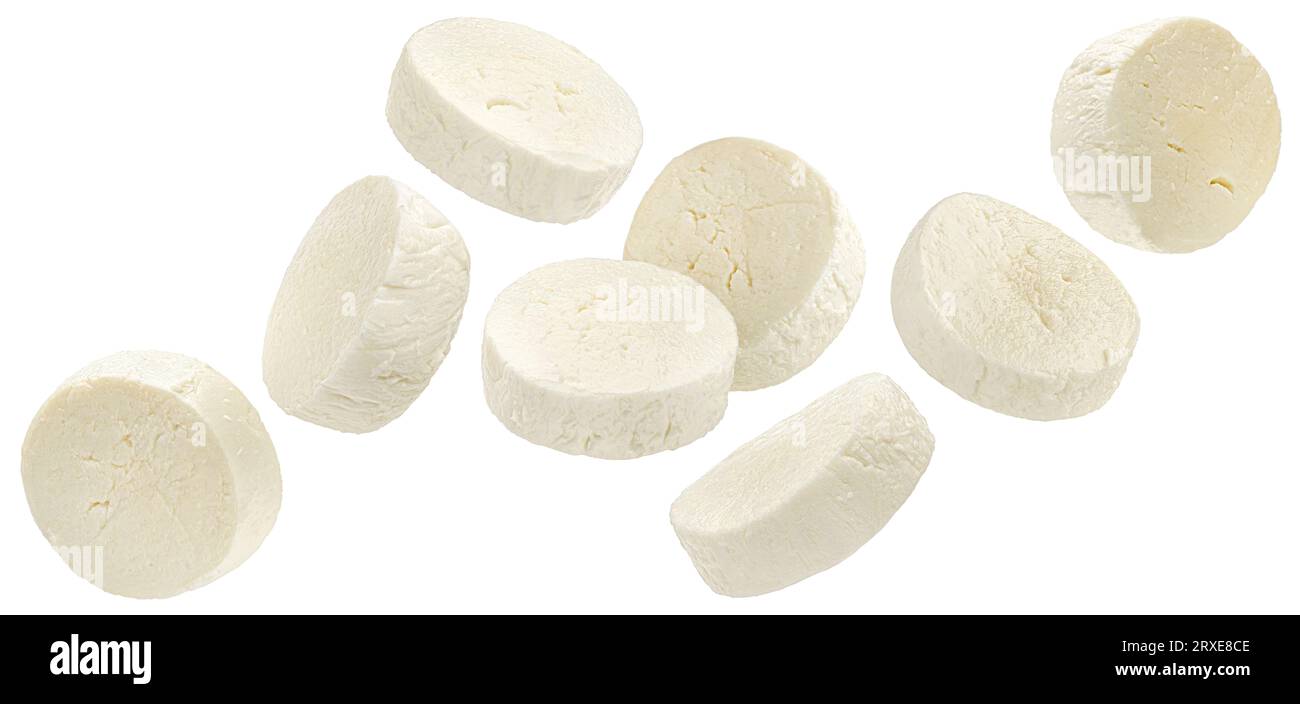 Flying mozzarella cheese slices isolated on white background, full ...