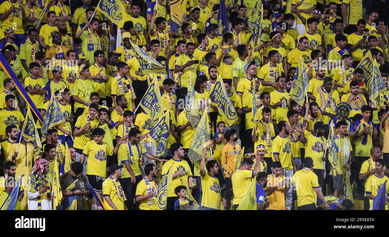 Fans of Al-Nassr SFC cheer during their Match Day 7 of the SAFF Roshn ...