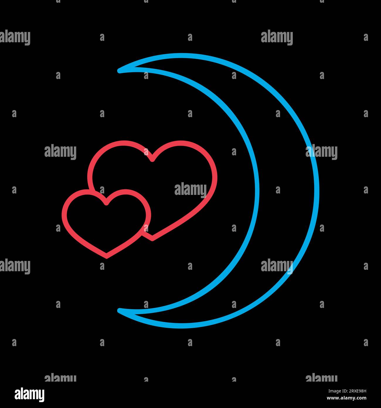 Crescent moon with heart shaped stars isolated on black background icon ...