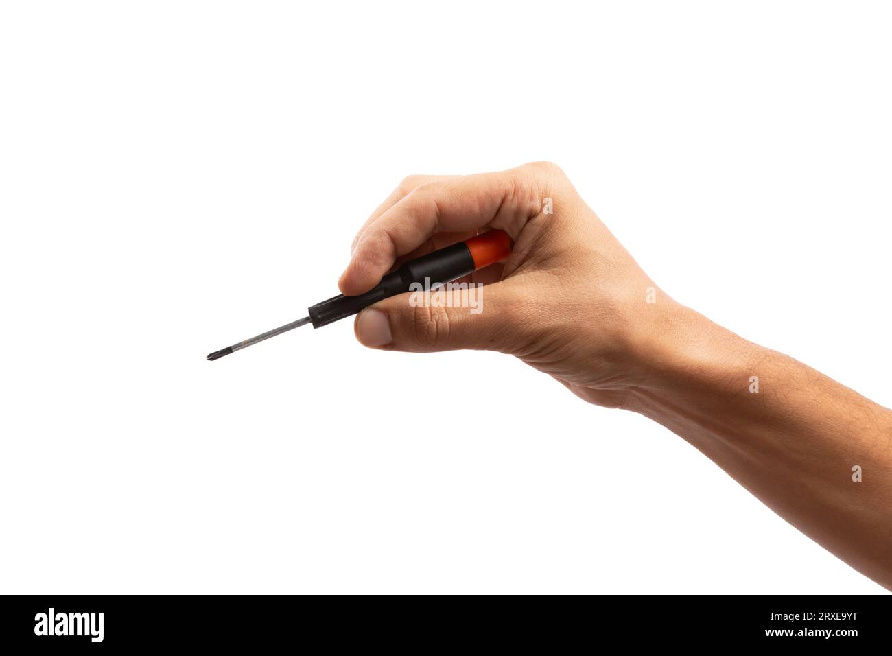 Black male hand holding a screwdriver for repair isolated on white ...