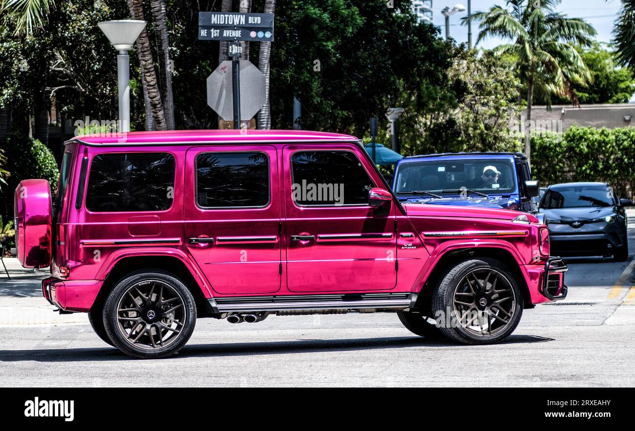 Miami Beach, Florida USA - April 15, 2021: pink metallic mercedes benz ...