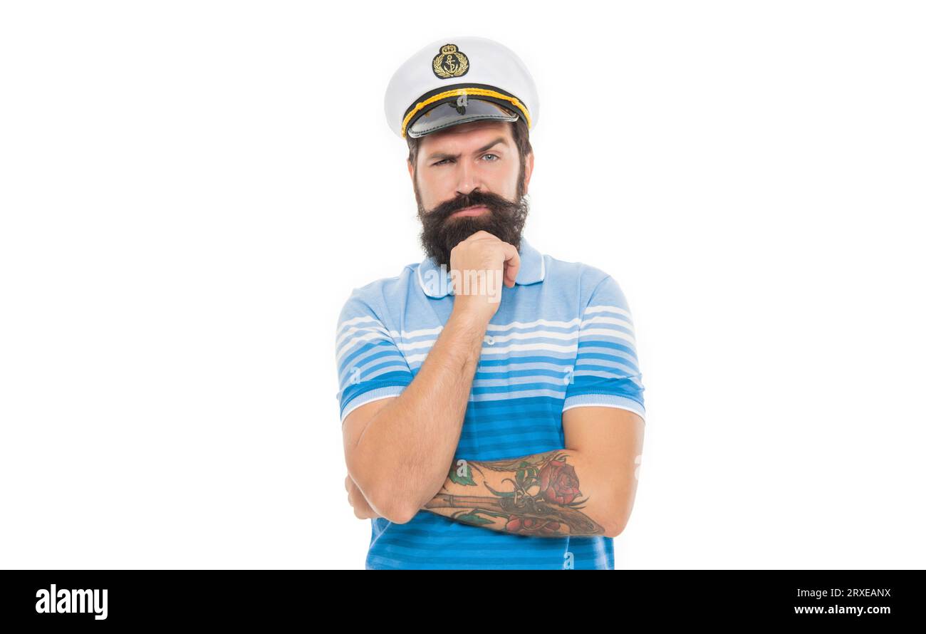 Thoughtful man wearing captain hat. Bearded man thinking isolated on ...