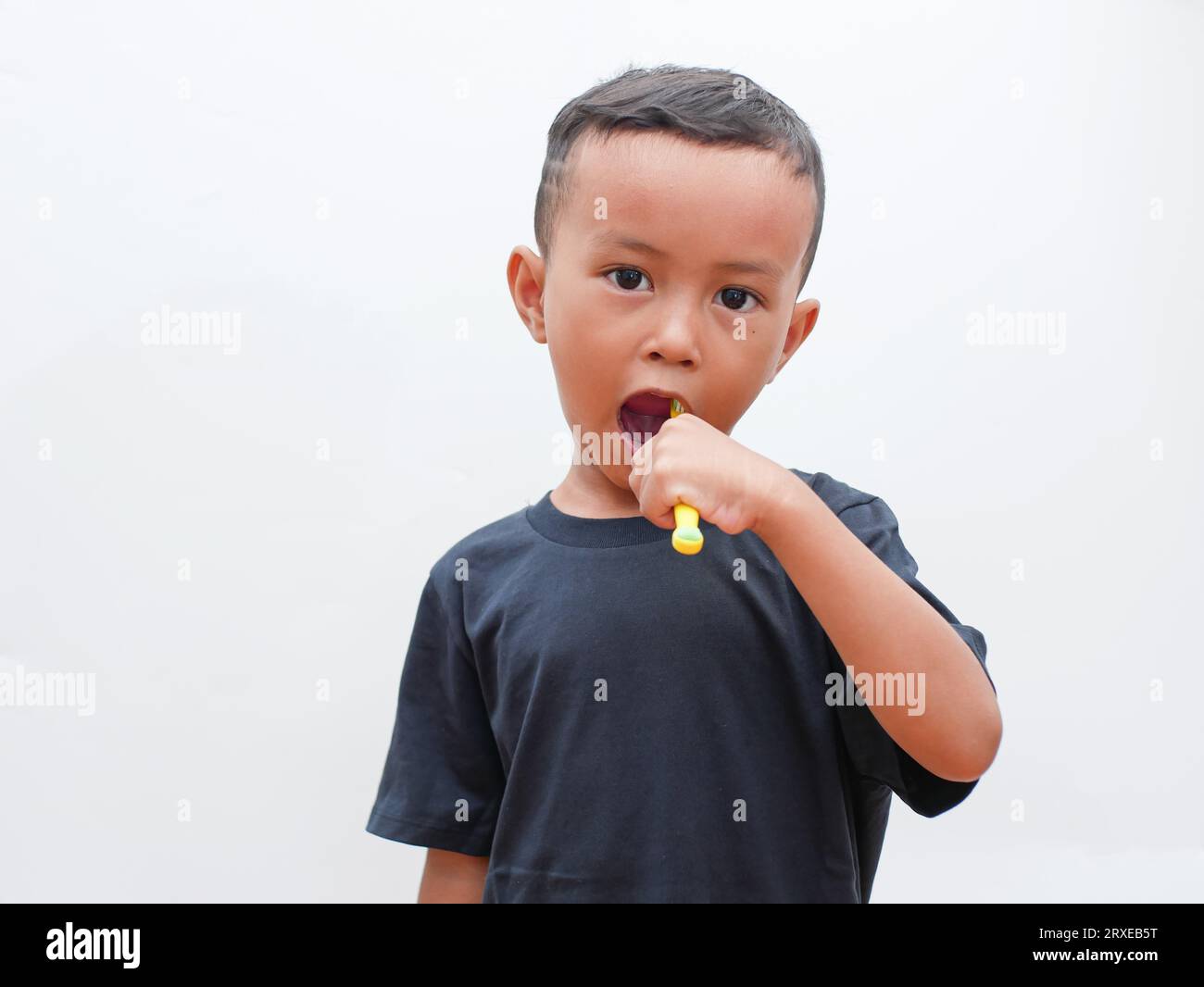 little asian boy brushing teeth on white background with copy space ...