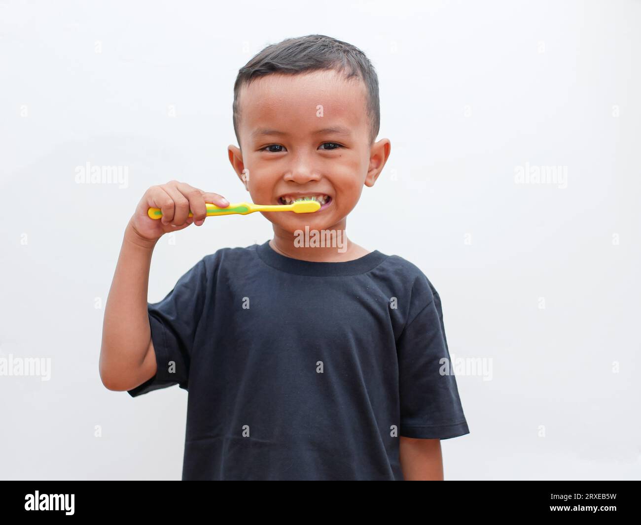 little asian boy brushing his teeth while smiling on white background ...