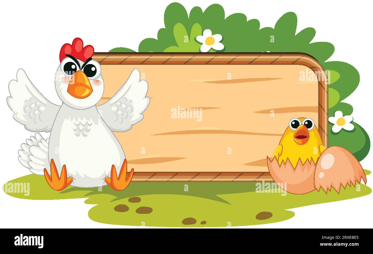 Vector cartoon illustration of hen, eggs, and chick on wooden board ...