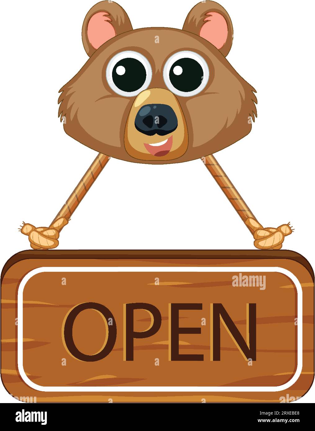 A vector cartoon illustration of an open sign banner featuring a bear ...