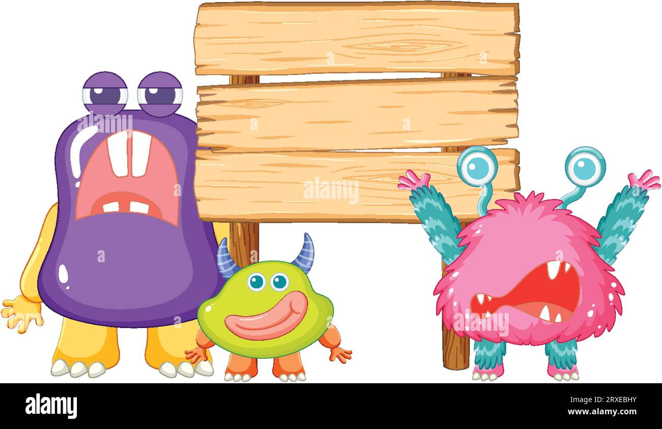 Cheerful monster characters holding a wooden sign board banner Stock ...