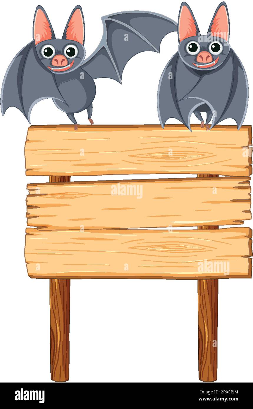 Vector cartoon illustration of bats perched on a wooden signboard Stock ...
