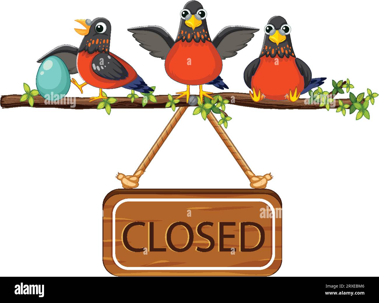 Colorful cartoon birds perched on a tree branch with a closed sign ...