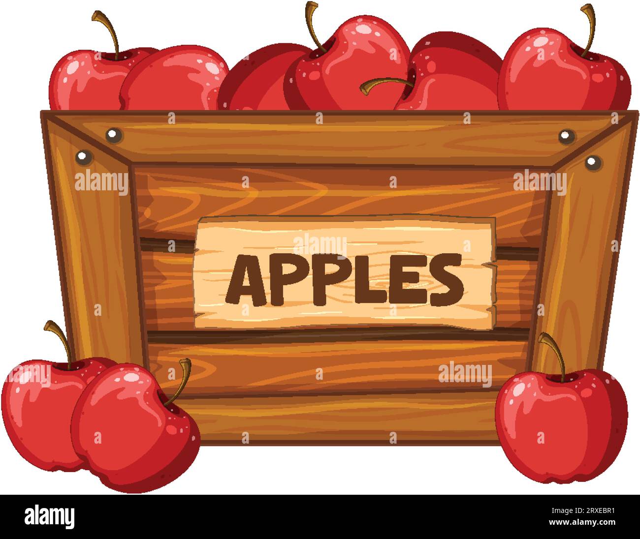 Illustration of apples displayed in a wooden box with a sign banner in ...