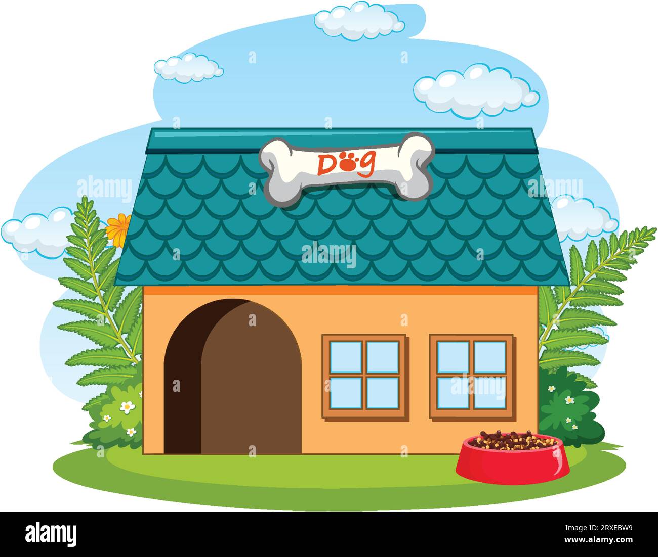 A cheerful cartoon illustration of a dog house in a garden Stock Vector ...