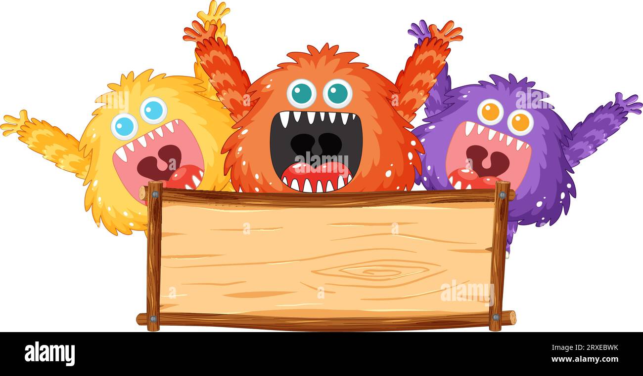 Vector cartoon illustration of adorable alien monsters standing behind ...