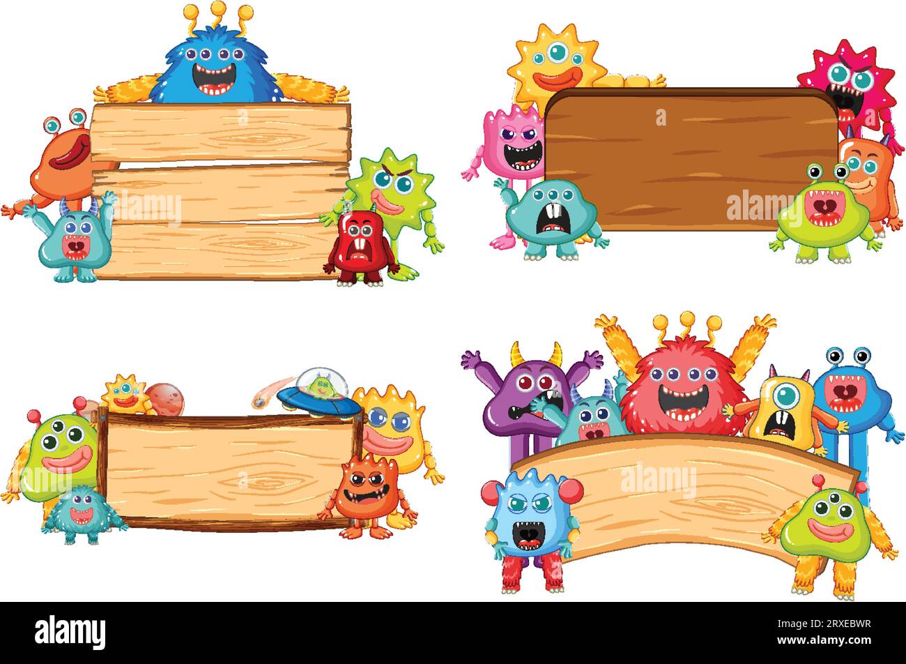A set of adorable alien monsters standing beside a wooden frame board ...
