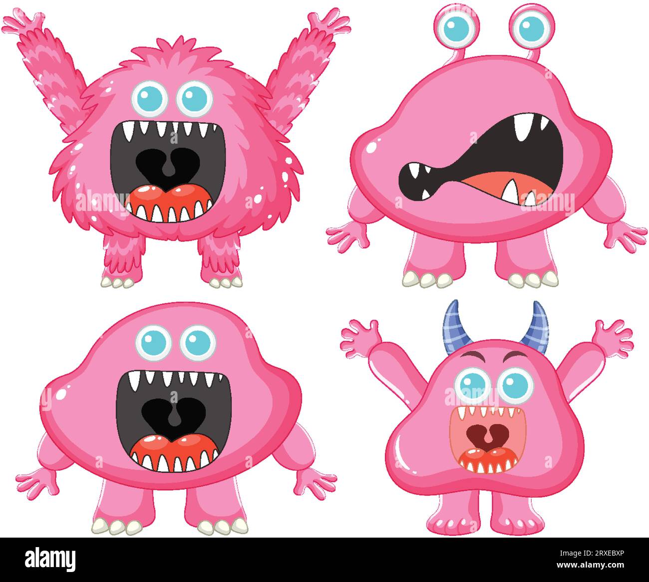 A set of adorable vector illustrations featuring pink alien monsters ...