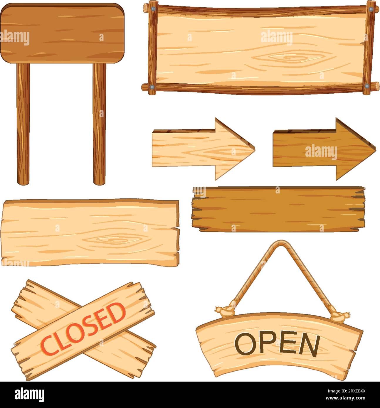 Vector cartoon illustration of a wooden sign board with hanging arrow ...