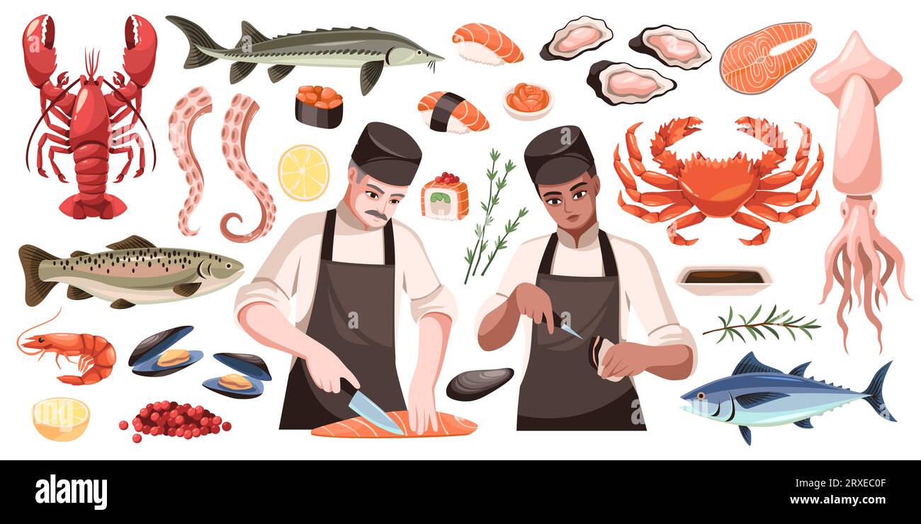 Chefs in sea food restaurant. Cartoon professionals in uniform, men ...