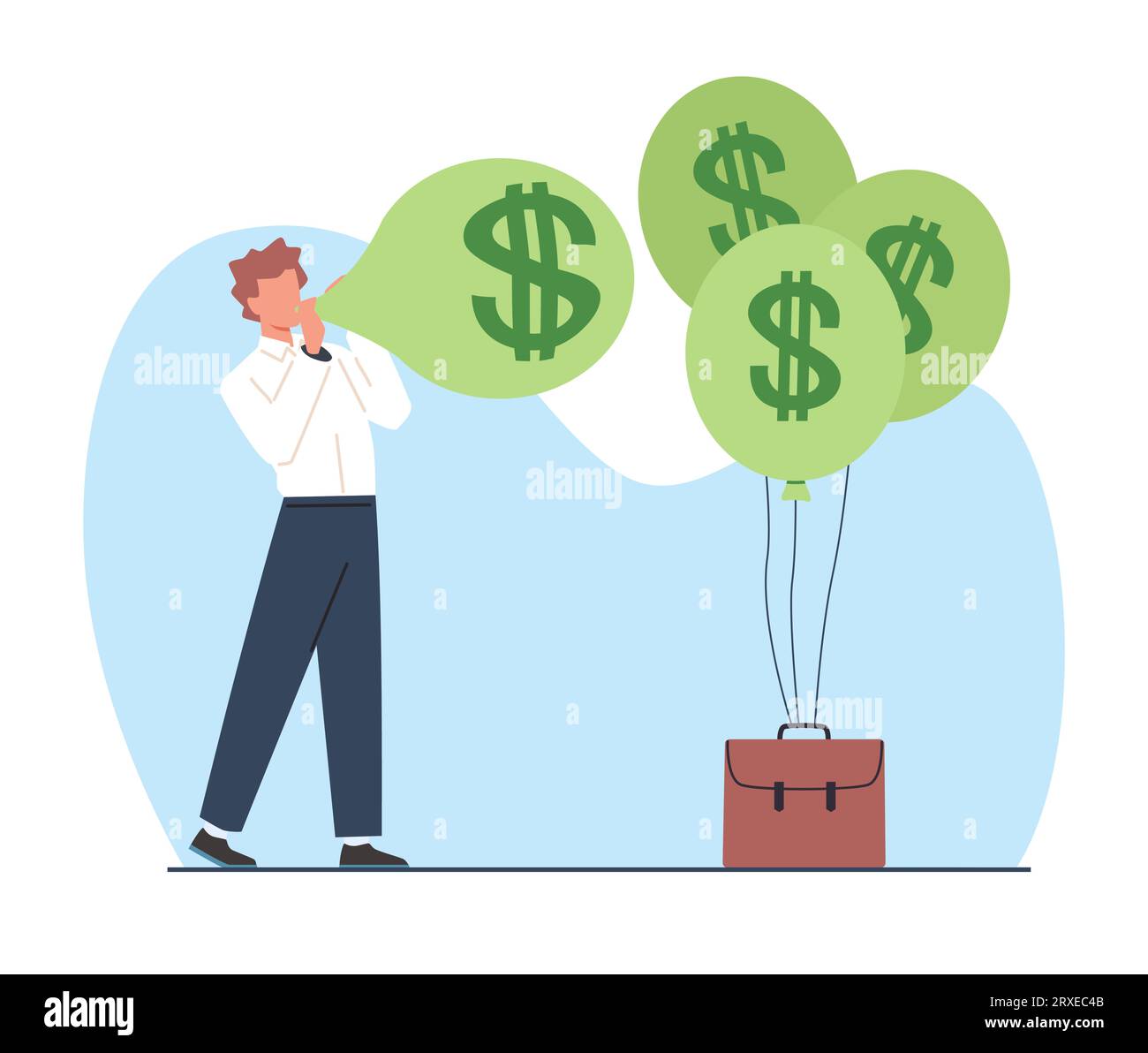 Businessman inflates balloons with money symbol in air. Rich man earn ...