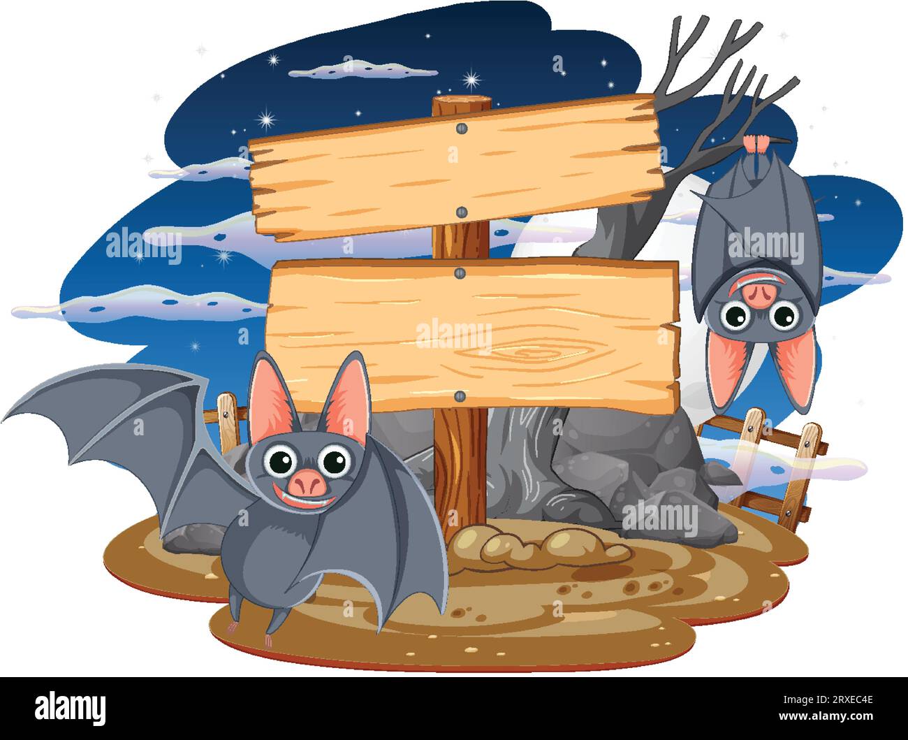 Vector cartoon illustration of bats in a bushy outdoor night scene ...