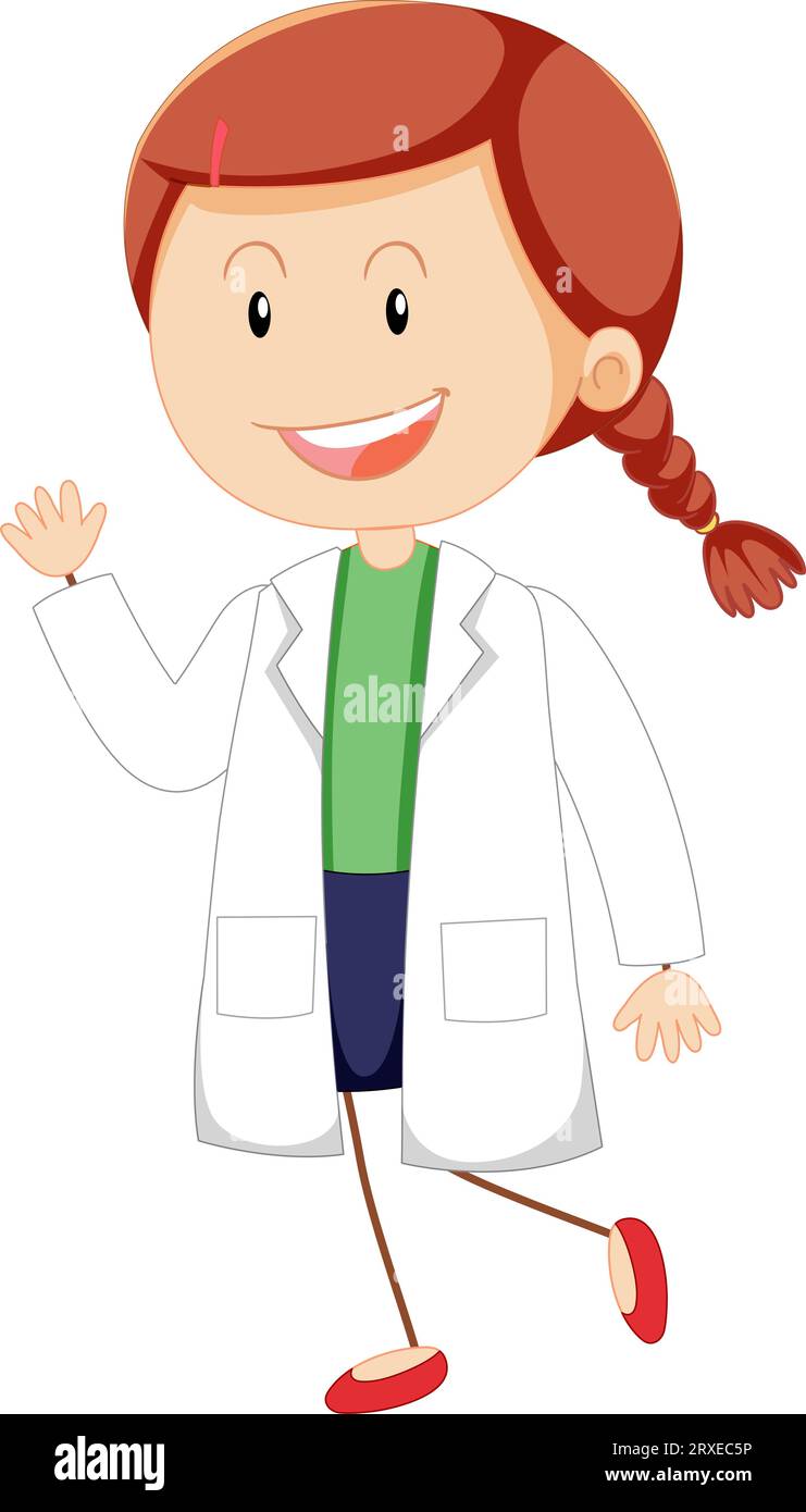 An adorable female scientist wearing a gown in a doodle-style ...