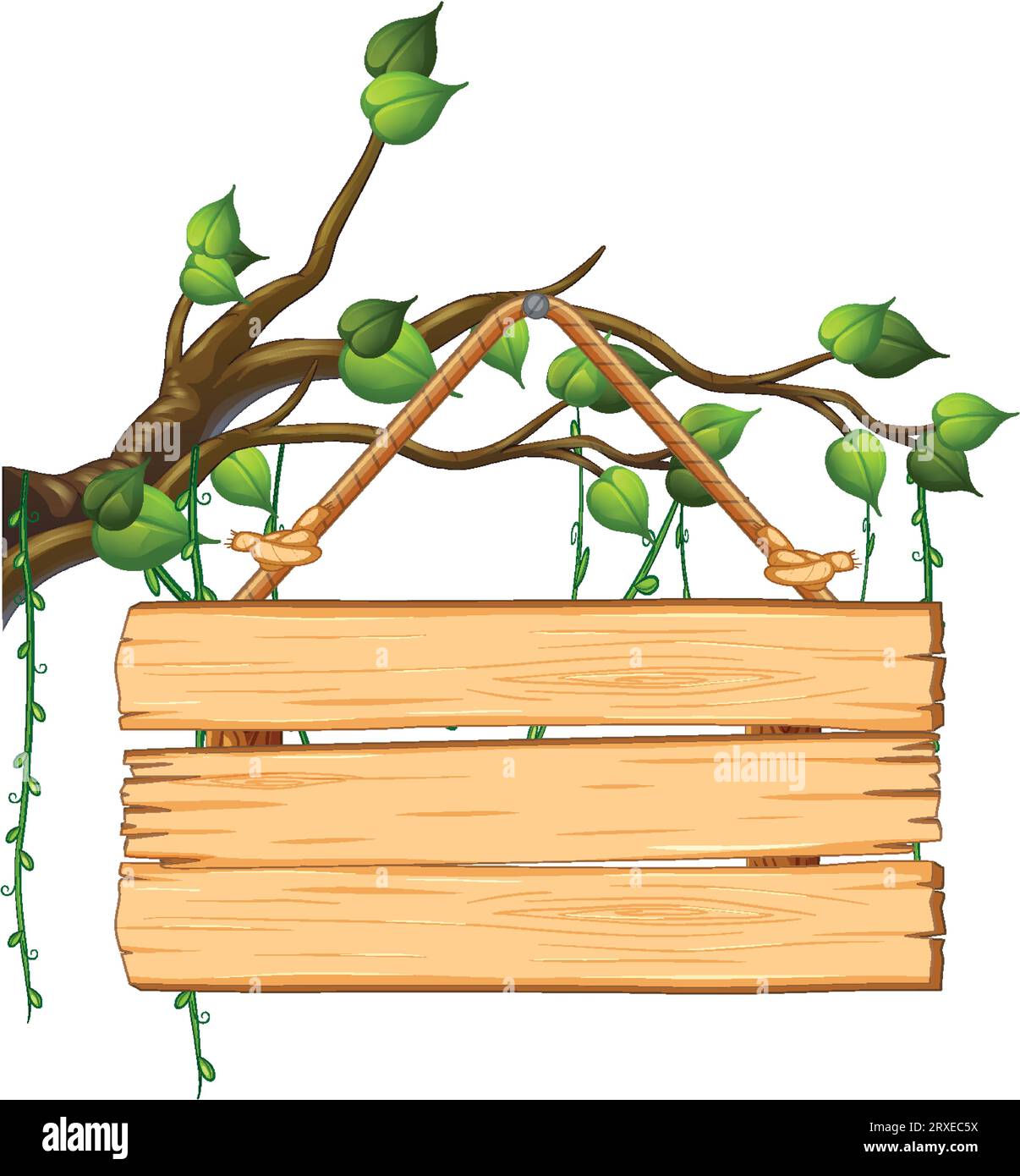 Colorful vector illustration of a tree branch with a wooden signboard hanging from it Stock ...