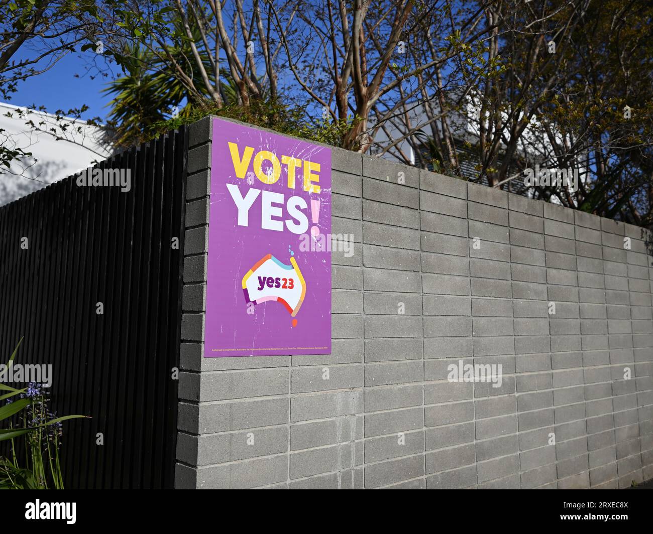 Purple vote yes sign, seemingly splashed with white paint, on a grey ...