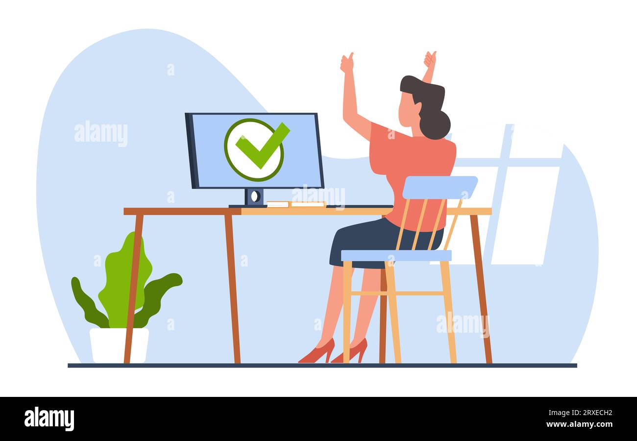 Concept of successful work, woman is happy with completed task. Girl ...