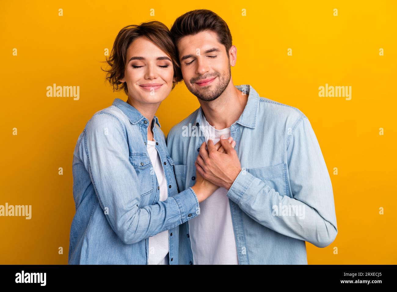 Photo of charming sweet couple soulmate eyes closed wear stylish jeans ...