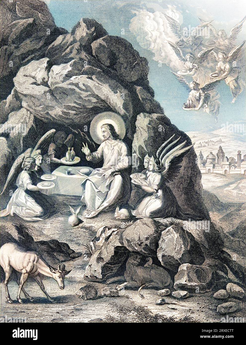Jesus is attended by angels. Colored Illustration for The life of Our ...