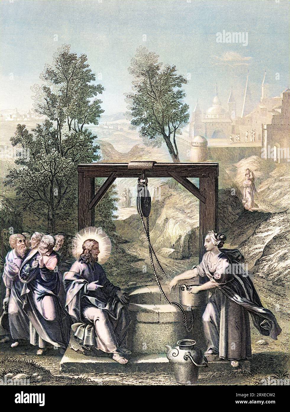 Jesus and the Samaritan woman at the well. Colored Illustration for The ...