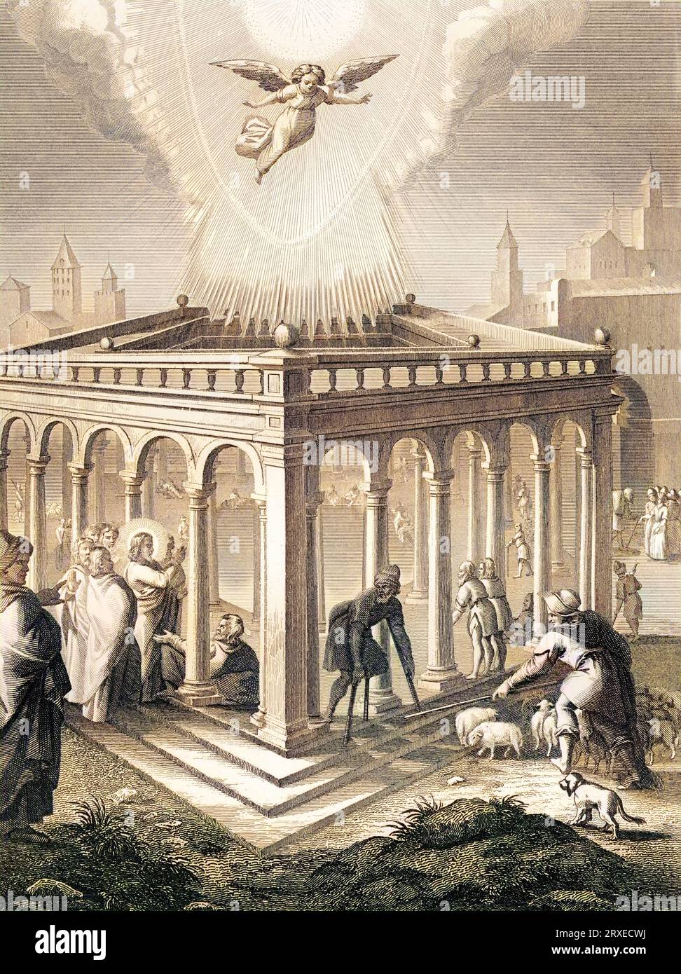 Jesus healing a Paralytic at the Pool of Bethesda. Colored Illustration ...