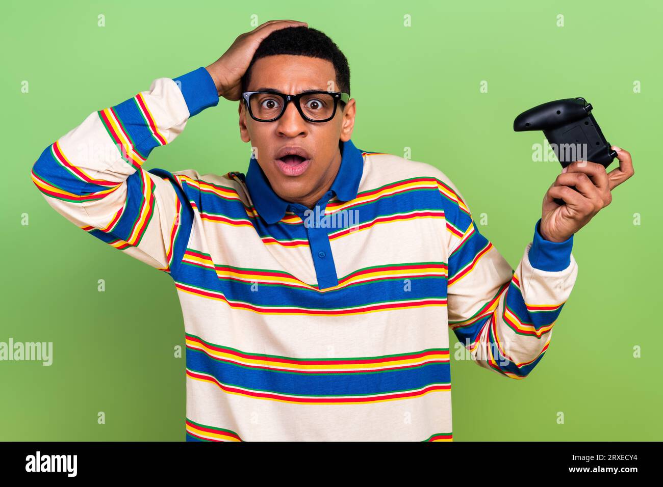 Photo of astonished impressed emotion hand head stressed young man ...
