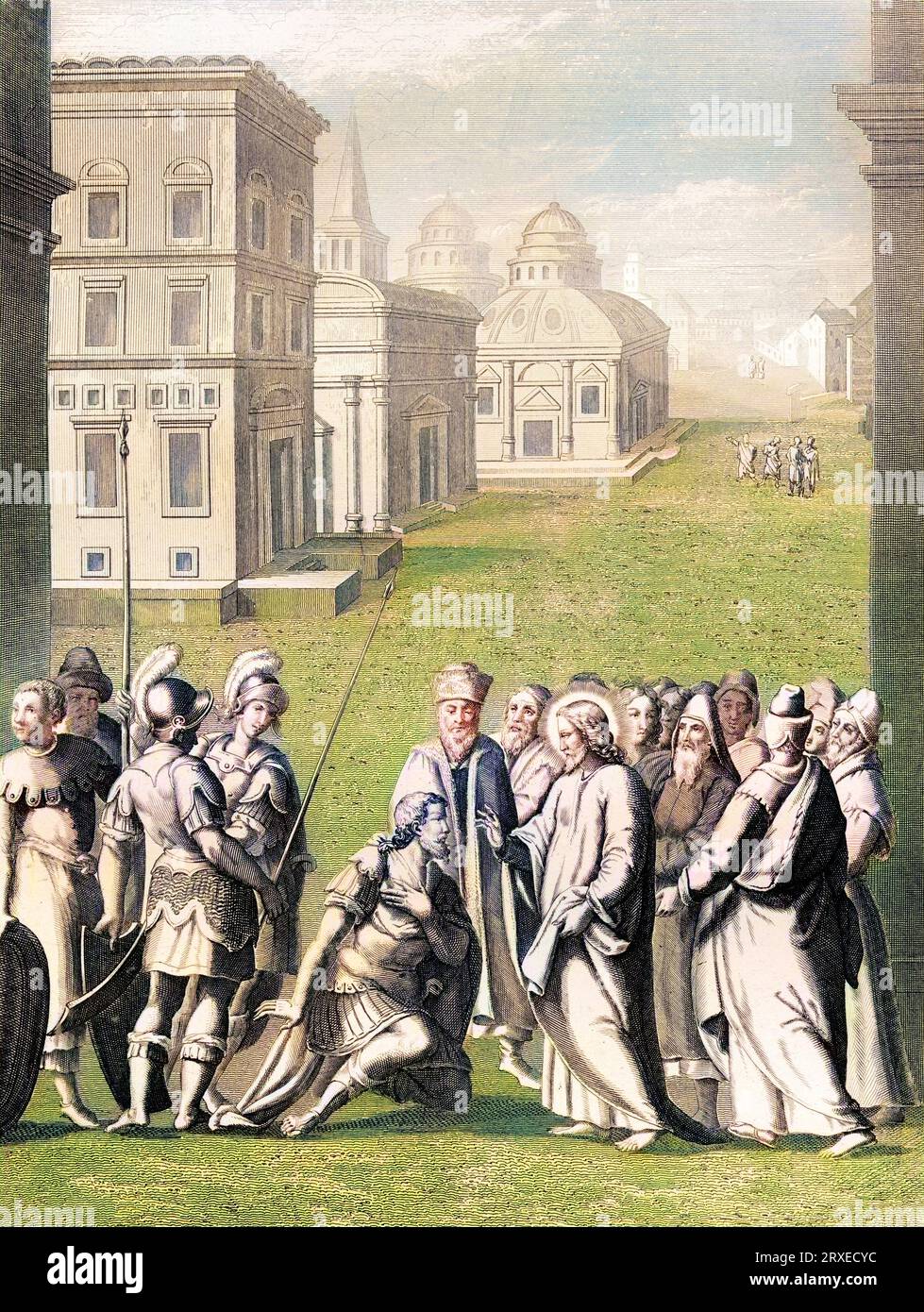 Jesus is asked by a Roman centurion to heal his servant. Colored ...