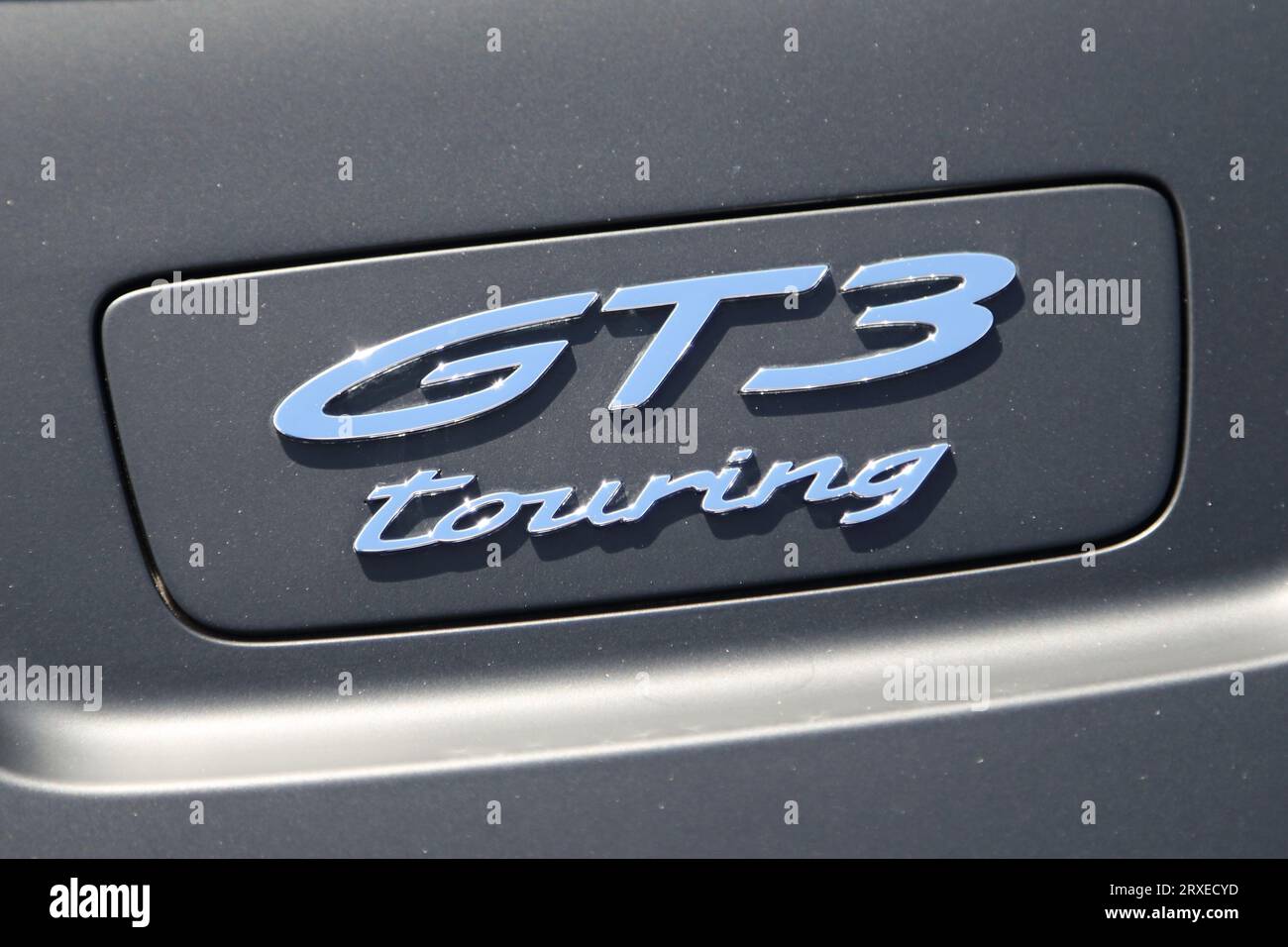 Badge on a Porsche 911 GT3 at at the annual meeting for classics ...