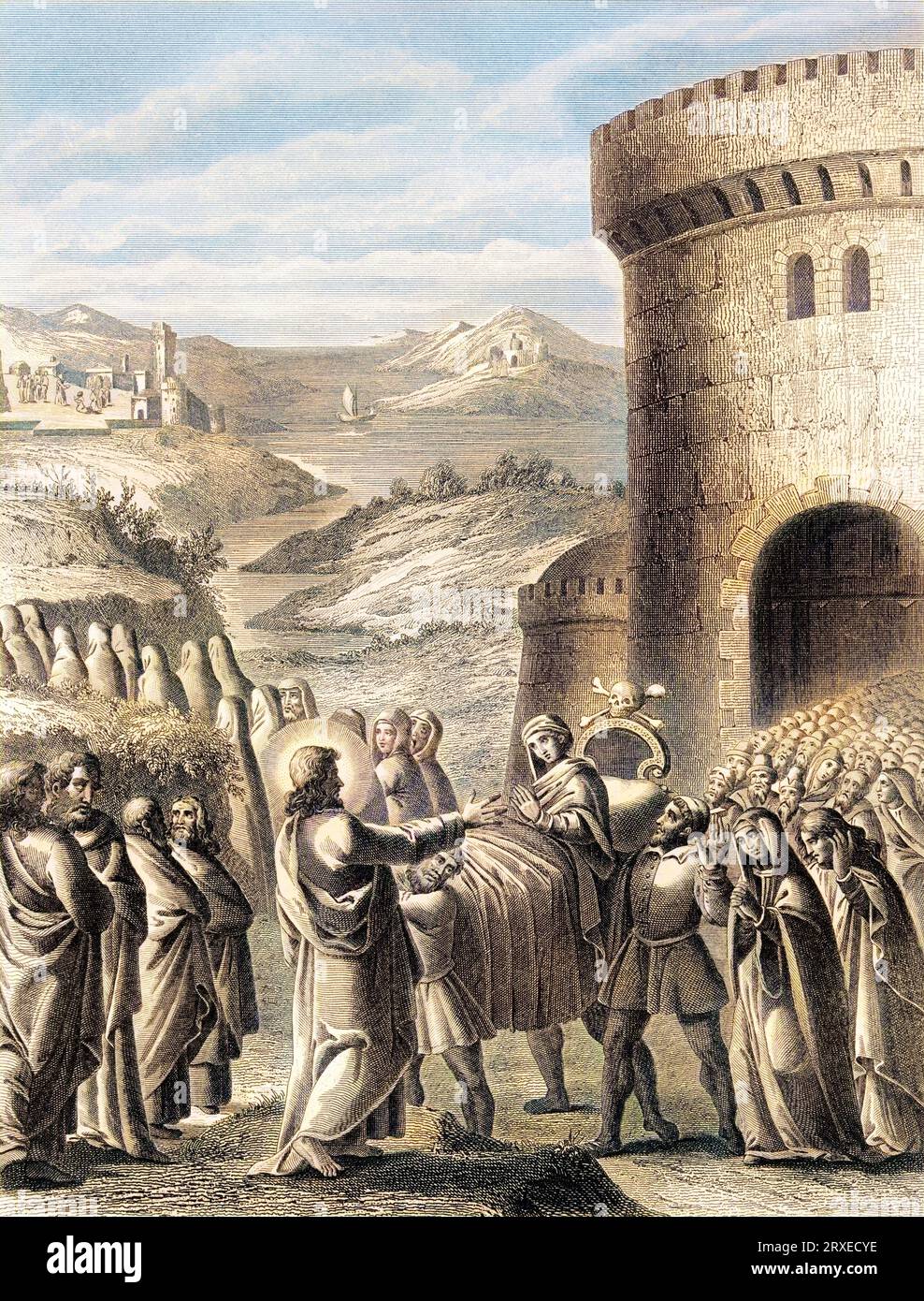 Jesus resurrects the son of the widow in Nain. Colored Illustration for ...