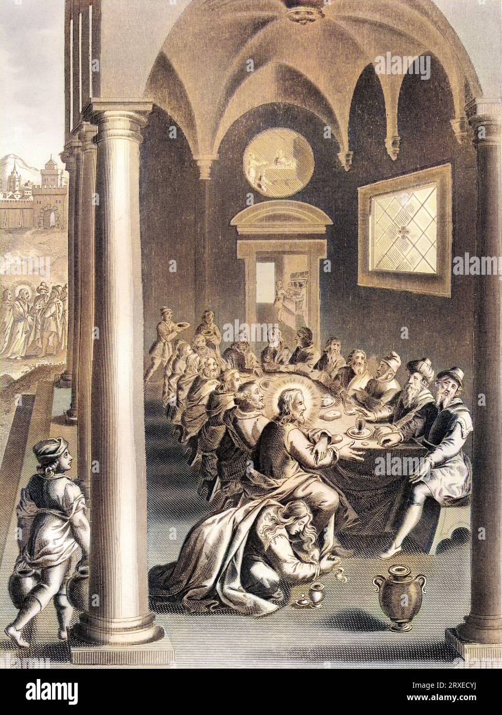 Christ at the table of Simon the Pharisee, Mary Magdalene washing his ...