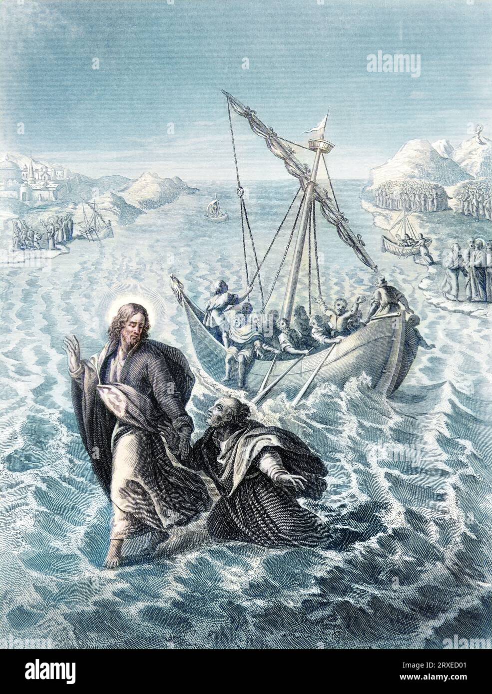 Jesus walks on water through the Sea of Galilee. Colored Illustration ...