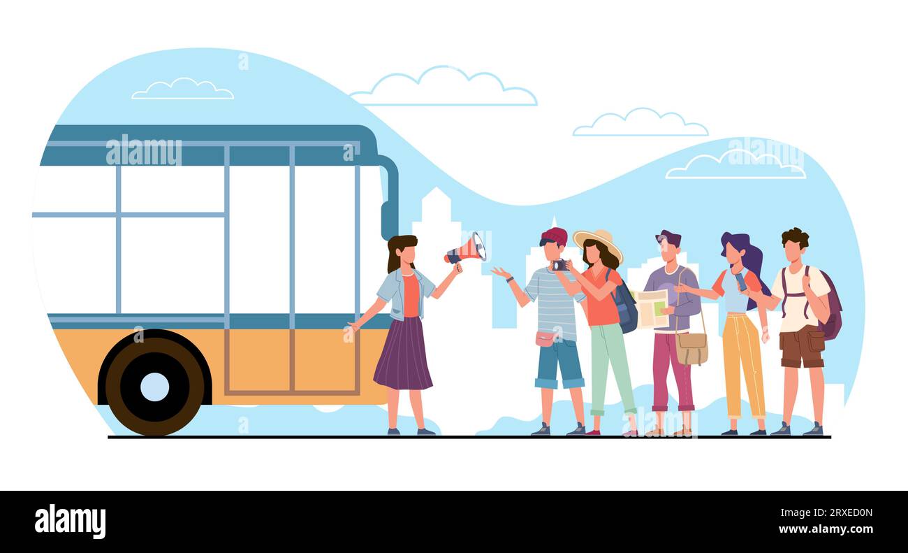 Female tour guide calls travelers through megaphone for bus tour of ...