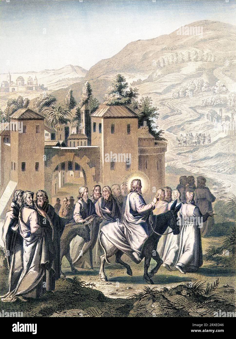 Jesus goes triumphant from Bethlehem to Jerusalem. Colored Illustration ...