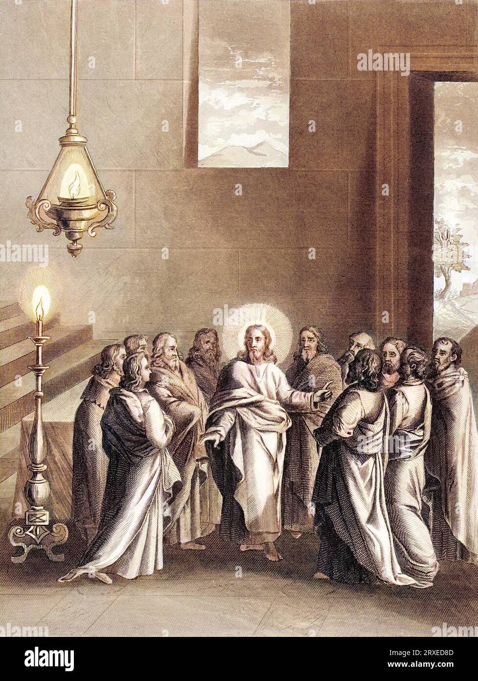 Jesus advises his disciples to love one another. Colored Illustration ...