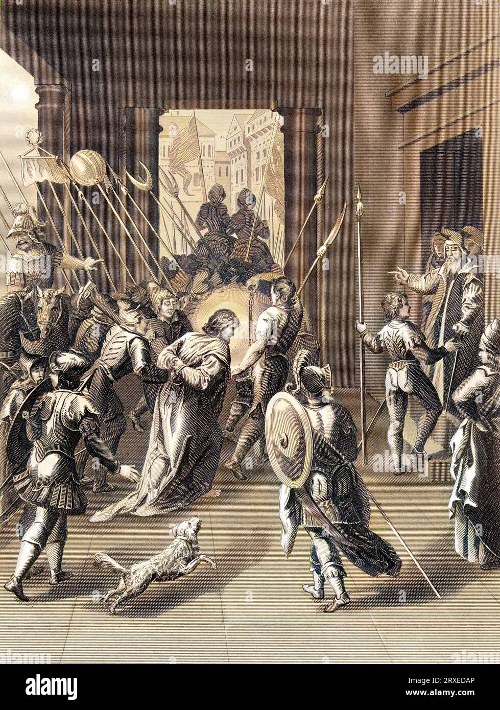 Jesus before the high priest Caiphas. Colored Illustration for The life ...