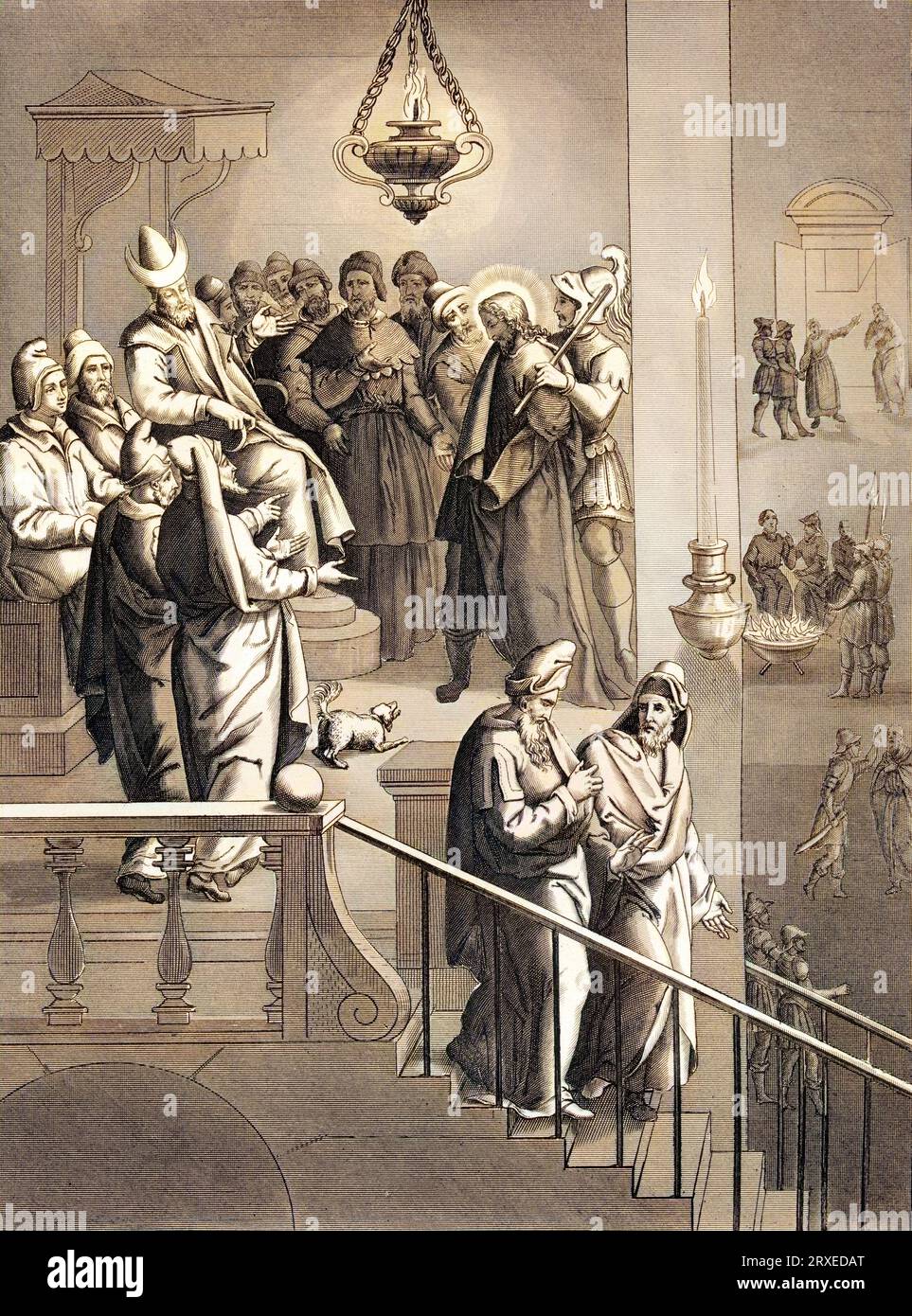 The council of Jews seeks false testimony against Jesus. Colored ...