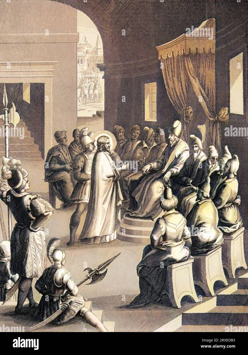 Jesus appears a second time before the council of the Jews. Colored ...