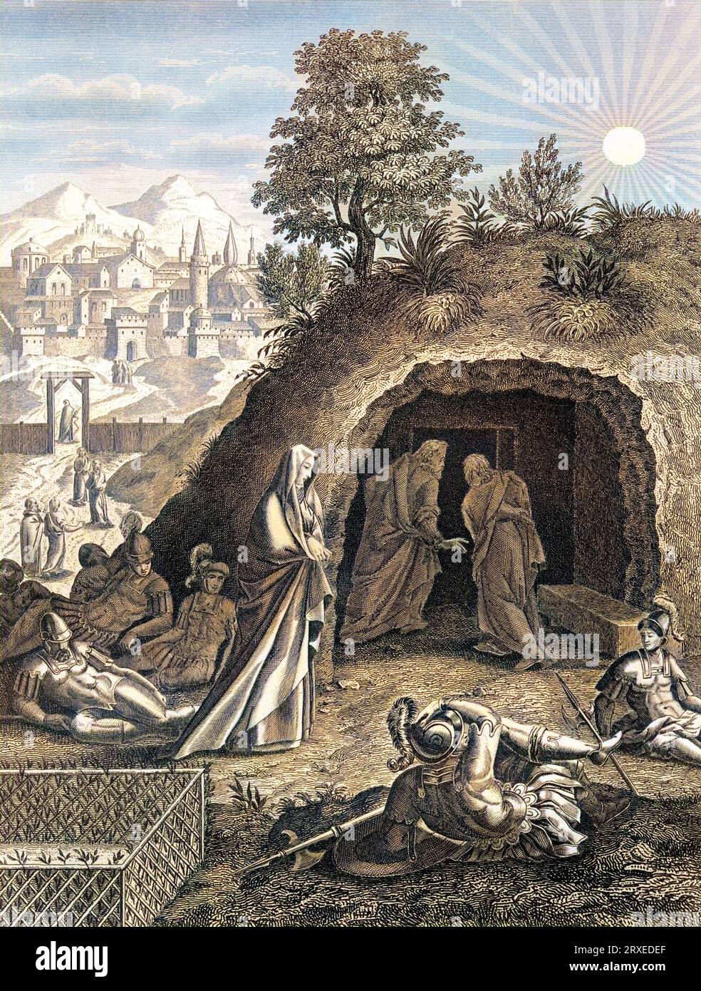 The disciples Peter and John go to the tomb of Jesus. Colored ...