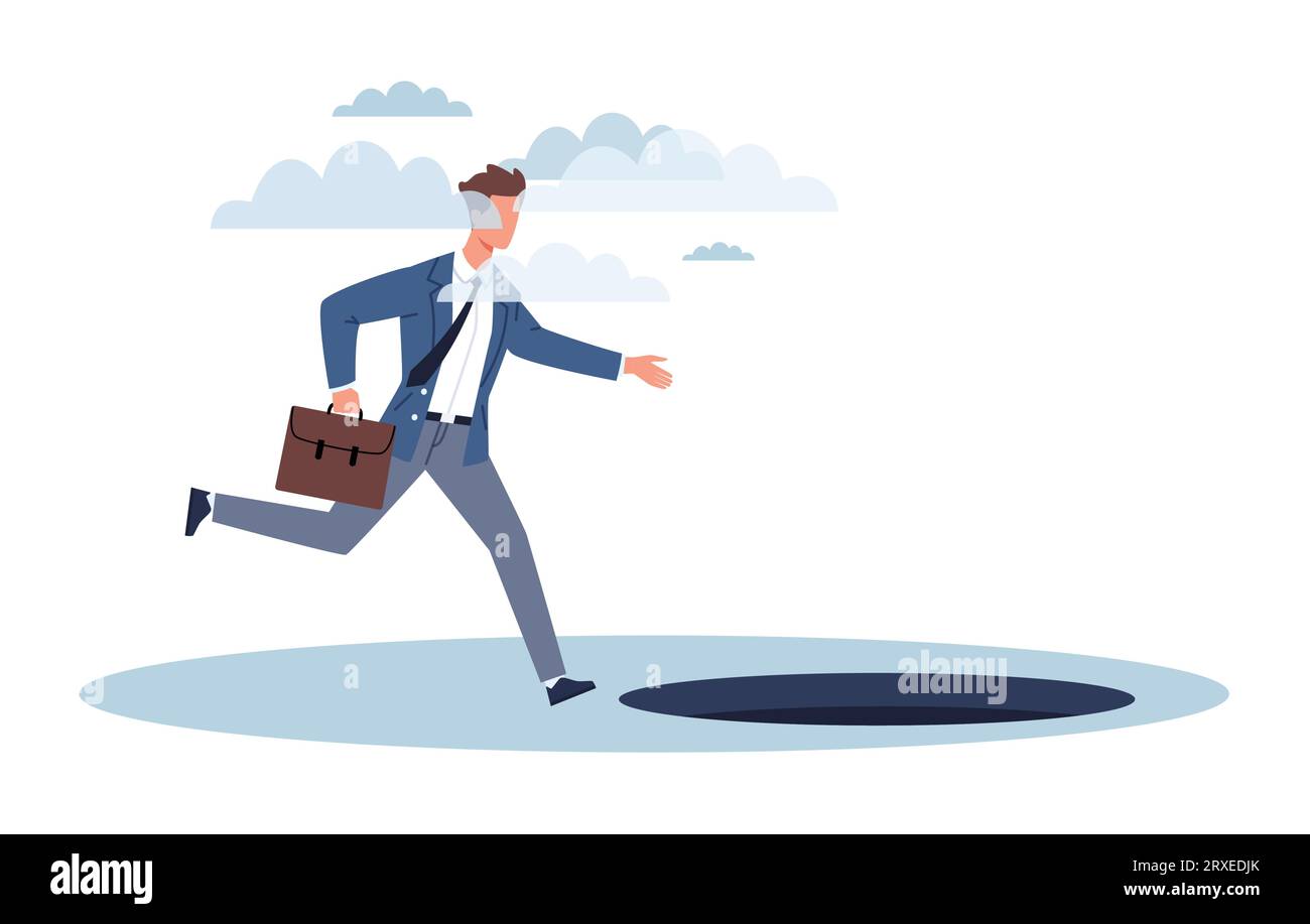 Lost businessman with fog in his head runs forward without noticing ...